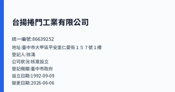 台揚捲門工業有限公司的照片-統編 86639252(臺中市) 公司登記資料與營業項目詳細圖表