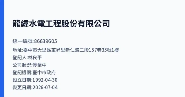 龍緯水電工程股份有限公司的照片-統編 86639605(臺中市) 公司登記資料與營業項目詳細圖表