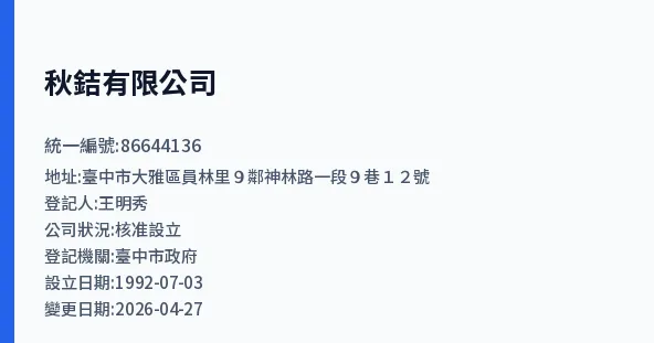 秋銡有限公司的照片-統編 86644136(臺中市) 公司登記資料與營業項目詳細圖表