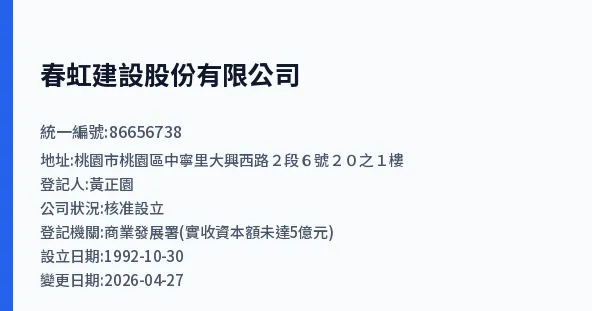 春虹建設股份有限公司的照片-統編 86656738(桃園市) 公司登記資料與營業項目詳細圖表