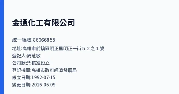 金通化工有限公司的照片-統編 86666855(高雄市) 公司登記資料與營業項目詳細圖表
