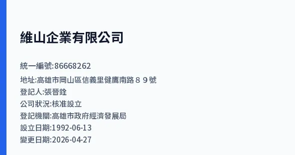 維山企業有限公司的照片-統編 86668262(高雄市) 公司登記資料與營業項目詳細圖表