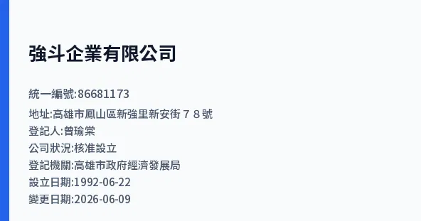 強斗企業有限公司的照片-統編 86681173(高雄市) 公司登記資料與營業項目詳細圖表