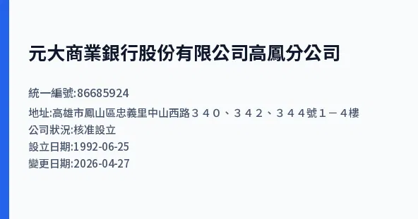 元大商業銀行股份有限公司高鳳分公司的照片-統編 86685924(高雄市) 公司登記資料與營業項目詳細圖表