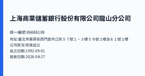 上海商業儲蓄銀行股份有限公司龍山分公司的照片-統編 86686108(臺北市) 公司登記資料與營業項目詳細圖表