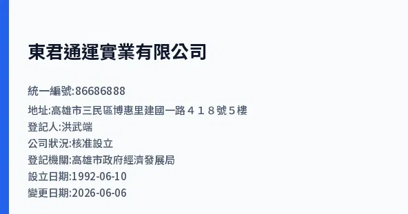 東君通運實業有限公司的照片-統編 86686888(高雄市) 公司登記資料與營業項目詳細圖表