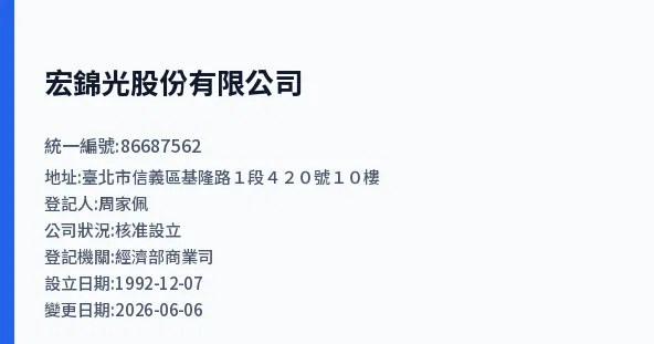 宏錦光股份有限公司的照片-統編 86687562(臺北市) 公司登記資料與營業項目詳細圖表