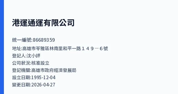 港運通運有限公司的照片-統編 86689359(高雄市) 公司登記資料與營業項目詳細圖表