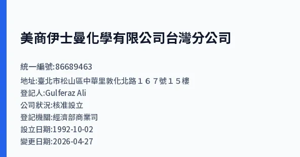 美商伊士曼化學有限公司台灣分公司的照片-統編 86689463(臺北市) 公司登記資料與營業項目詳細圖表