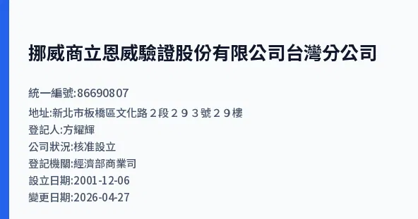 挪威商立恩威驗證股份有限公司台灣分公司的照片-統編 86690807(新北市) 公司登記資料與營業項目詳細圖表