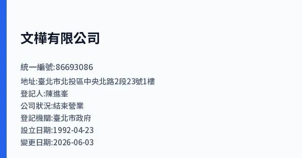 文樺有限公司的照片-統編 86693086(臺北市) 公司登記資料與營業項目詳細圖表