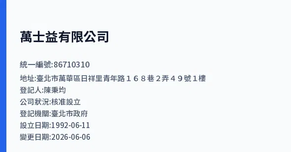 萬士益有限公司的照片-統編 86710310(臺北市) 公司登記資料與營業項目詳細圖表