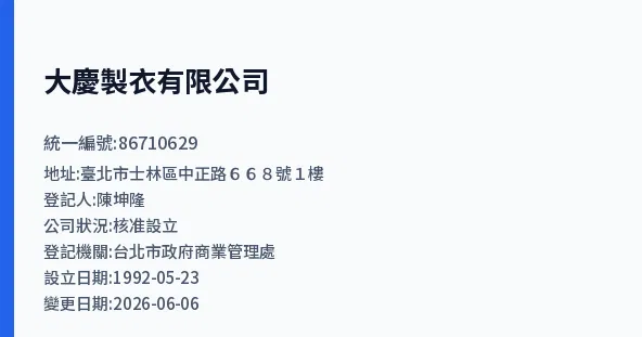 大慶製衣有限公司的照片-統編 86710629(臺北市) 公司登記資料與營業項目詳細圖表