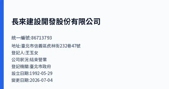長來建設開發股份有限公司的照片-統編 86713793(臺北市) 公司登記資料與營業項目詳細圖表