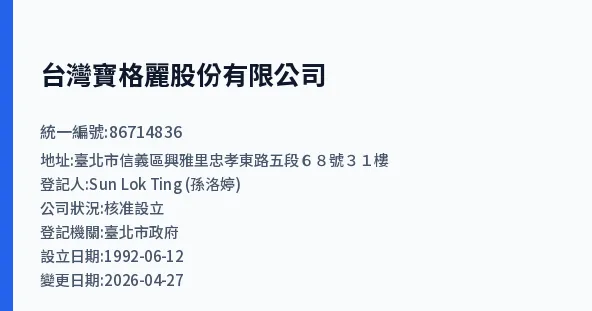 台灣寶格麗股份有限公司的照片-統編 86714836(臺北市) 公司登記資料與營業項目詳細圖表