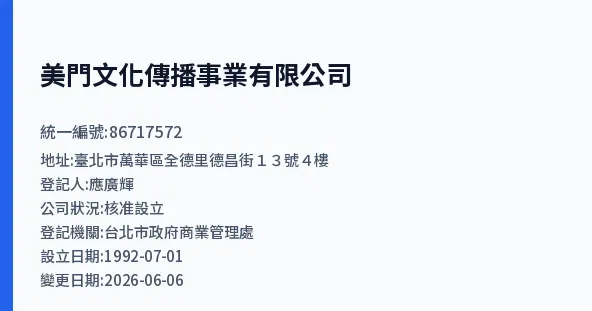 美門文化傳播事業有限公司的照片-統編 86717572(臺北市) 公司登記資料與營業項目詳細圖表