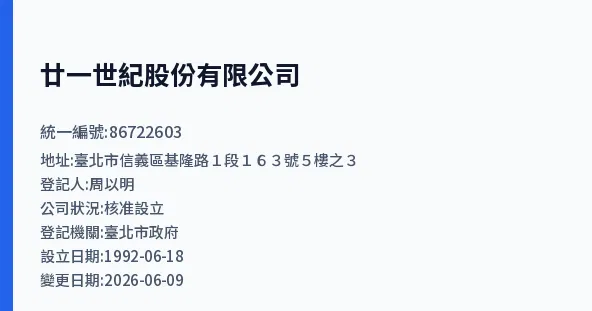 廿一世紀股份有限公司的照片-統編 86722603(臺北市) 公司登記資料與營業項目詳細圖表