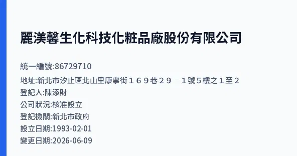麗渼馨生化科技化粧品廠股份有限公司的照片-統編 86729710(新北市) 公司登記資料與營業項目詳細圖表