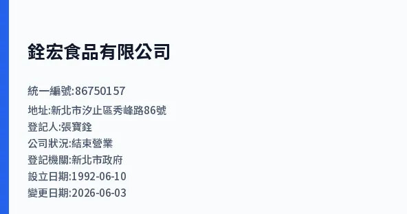 銓宏食品有限公司的照片-統編 86750157(新北市) 公司登記資料與營業項目詳細圖表