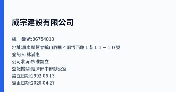 威宗建設有限公司的照片-統編 86754013(屏東縣) 公司登記資料與營業項目詳細圖表