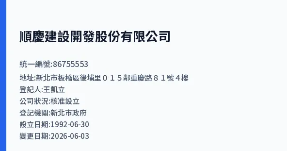 順慶建設開發股份有限公司的照片-統編 86755553(新北市) 公司登記資料與營業項目詳細圖表