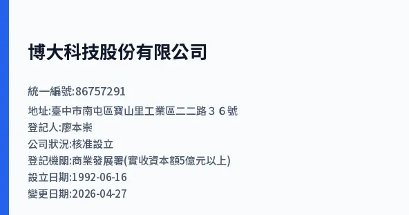 博大科技股份有限公司的照片-統編 86757291(臺中市) 公司登記資料與營業項目詳細圖表