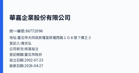 華嘉企業股份有限公司的照片-統編 86772096(臺北市) 公司登記資料與營業項目詳細圖表