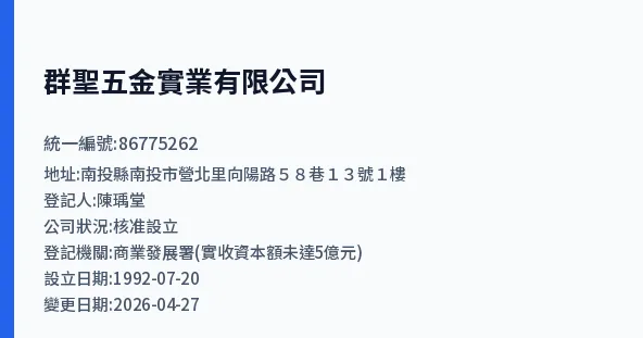 群聖五金實業有限公司的照片-統編 86775262(南投縣) 公司登記資料與營業項目詳細圖表