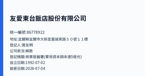 友愛東台飯店股份有限公司的照片-統編 86778922(宜蘭縣) 公司登記資料與營業項目詳細圖表