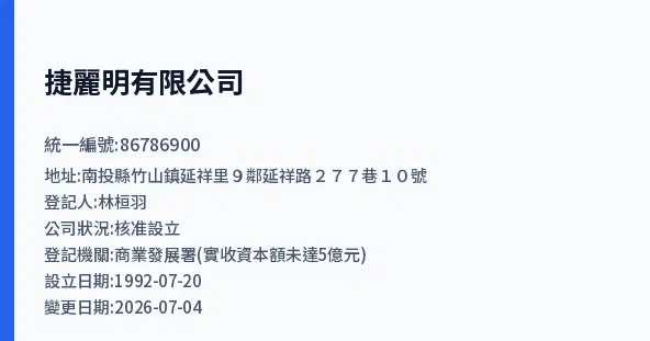 捷麗明有限公司的照片-統編 86786900(南投縣) 公司登記資料與營業項目詳細圖表