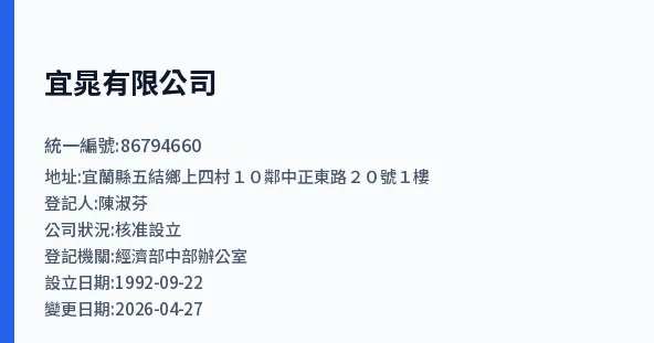 宜晁有限公司的照片-統編 86794660(宜蘭縣) 公司登記資料與營業項目詳細圖表