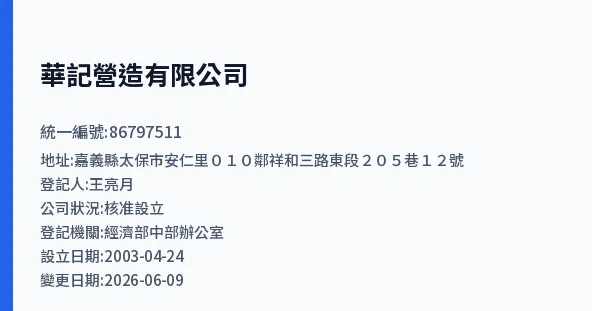 華記營造有限公司的照片-統編 86797511(嘉義縣) 公司登記資料與營業項目詳細圖表