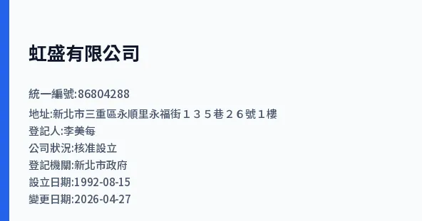 虹盛有限公司的照片-統編 86804288(新北市) 公司登記資料與營業項目詳細圖表