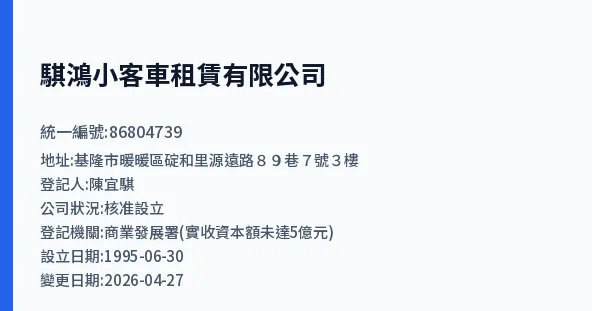 騏鴻小客車租賃有限公司的照片-統編 86804739(基隆市) 公司登記資料與營業項目詳細圖表