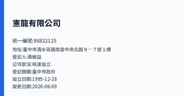 憲龍有限公司的照片-統編 86822125(臺中市) 公司登記資料與營業項目詳細圖表