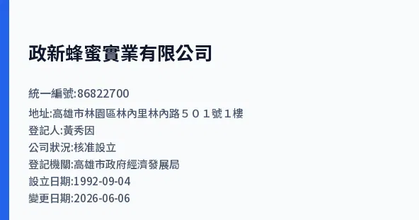 政新蜂蜜實業有限公司的照片-統編 86822700(高雄市) 公司登記資料與營業項目詳細圖表