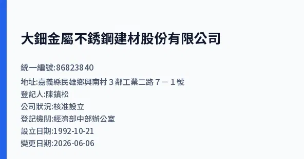 大鈿金屬不銹鋼建材股份有限公司的照片-統編 86823840(嘉義縣) 公司登記資料與營業項目詳細圖表