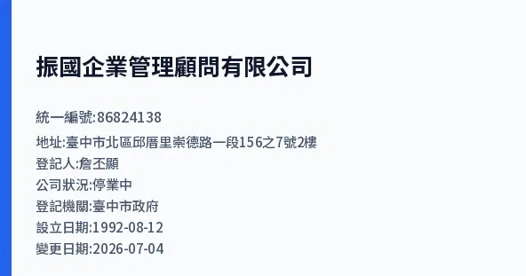 振國企業管理顧問有限公司的照片-統編 86824138(臺中市) 公司登記資料與營業項目詳細圖表