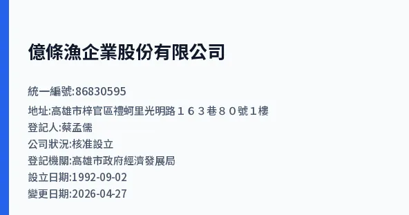 億條漁企業股份有限公司的照片-統編 86830595(高雄市) 公司登記資料與營業項目詳細圖表