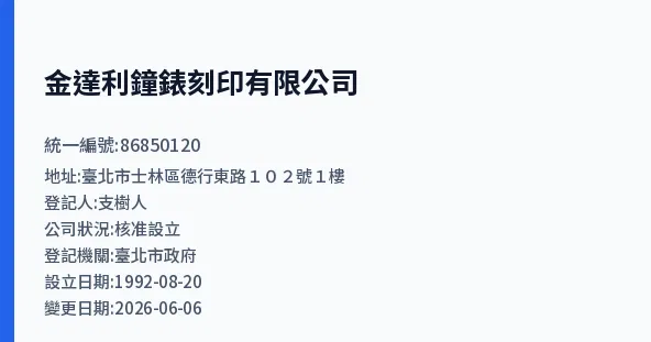 金達利鐘錶刻印有限公司的照片-統編 86850120(臺北市) 公司登記資料與營業項目詳細圖表