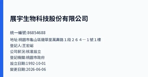 展宇生物科技股份有限公司的照片-統編 86854688(桃園市) 公司登記資料與營業項目詳細圖表
