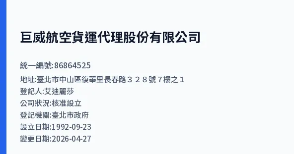 巨威航空貨運代理股份有限公司的照片-統編 86864525(臺北市) 公司登記資料與營業項目詳細圖表