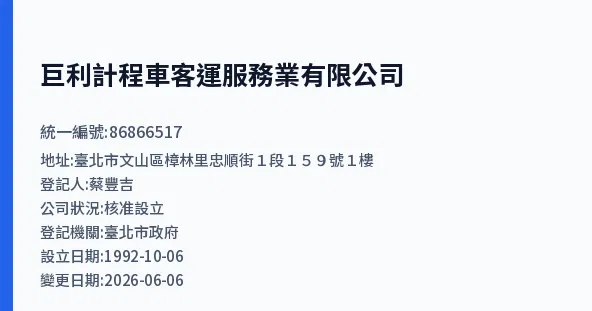 巨利計程車客運服務業有限公司的照片-統編 86866517(臺北市) 公司登記資料與營業項目詳細圖表