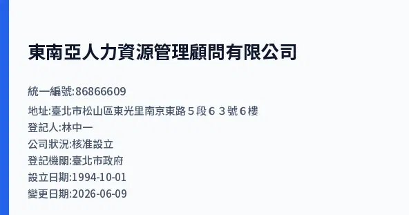 東南亞人力資源管理顧問有限公司的照片-統編 86866609(臺北市) 公司登記資料與營業項目詳細圖表