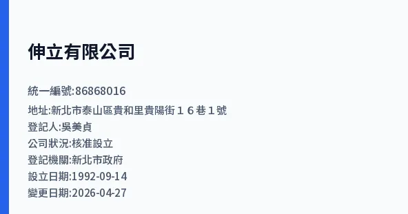 伸立有限公司的照片-統編 86868016(新北市) 公司登記資料與營業項目詳細圖表