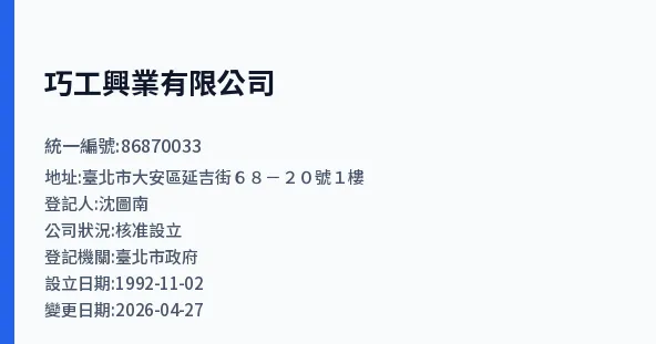 巧工興業有限公司的照片-統編 86870033(臺北市) 公司登記資料與營業項目詳細圖表