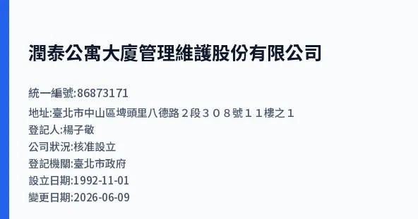 潤泰公寓大廈管理維護股份有限公司的照片-統編 86873171(臺北市) 公司登記資料與營業項目詳細圖表