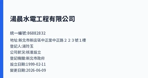 湯晨水電工程有限公司的照片-統編 86882832(新北市) 公司登記資料與營業項目詳細圖表