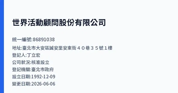 世界活動顧問股份有限公司的照片-統編 86891038(臺北市) 公司登記資料與營業項目詳細圖表