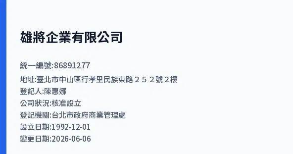 雄將企業有限公司的照片-統編 86891277(臺北市) 公司登記資料與營業項目詳細圖表